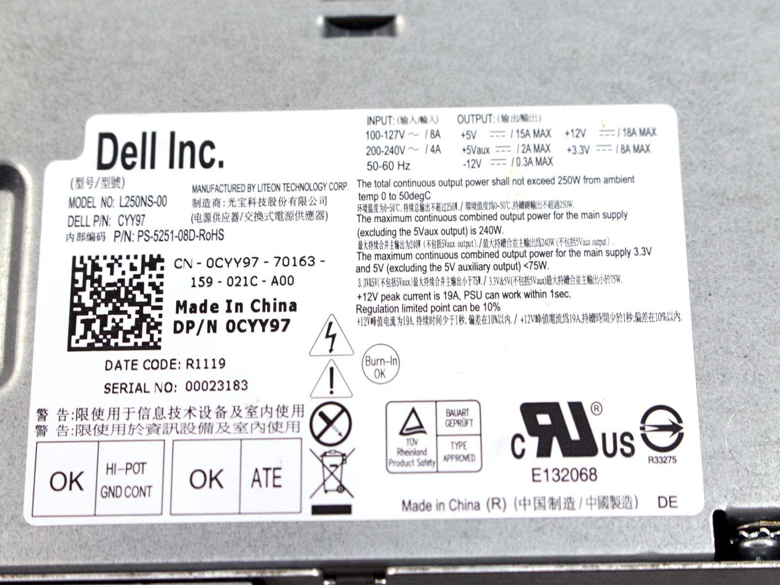 Dell 250W Watt CYY97 7GC81 L250NS-00 Power Supply Unit PSU For Inspiron 530s 620s Vostro 200s 220s, Optiplex 390, 790, 990 Desktop DT Systems