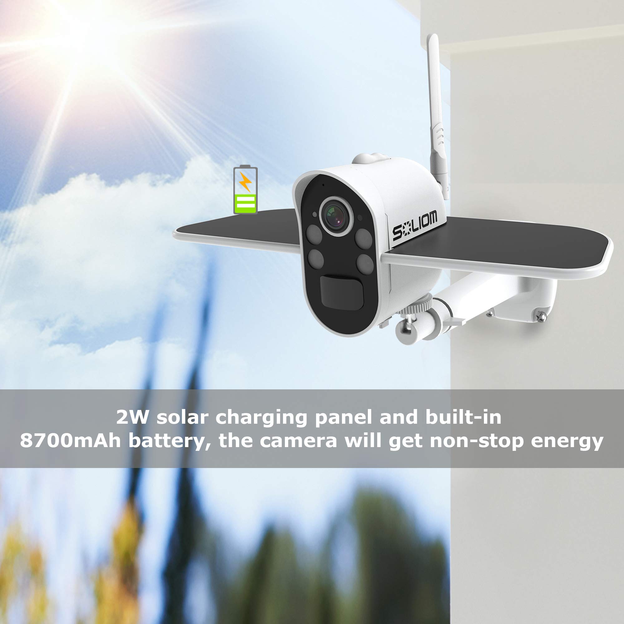 SOLIOM Wireless Rechargeable Battery Powered Solar Outdoor Security Camera Home Surveillance WiFi Camera with Spotlight Color Night Vision,Motion Activated,2-Way Audio and IP66 Waterproof S100