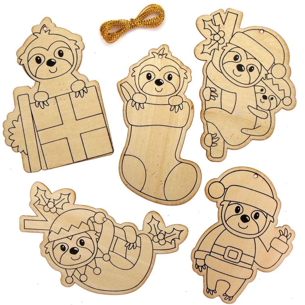 Baker Ross AX522 Christmas Sloths Wooden Decorations - Pack of 12, Christmas Decorations for Kids to Decorate and Display, Ideal Kids Arts and Crafts Project