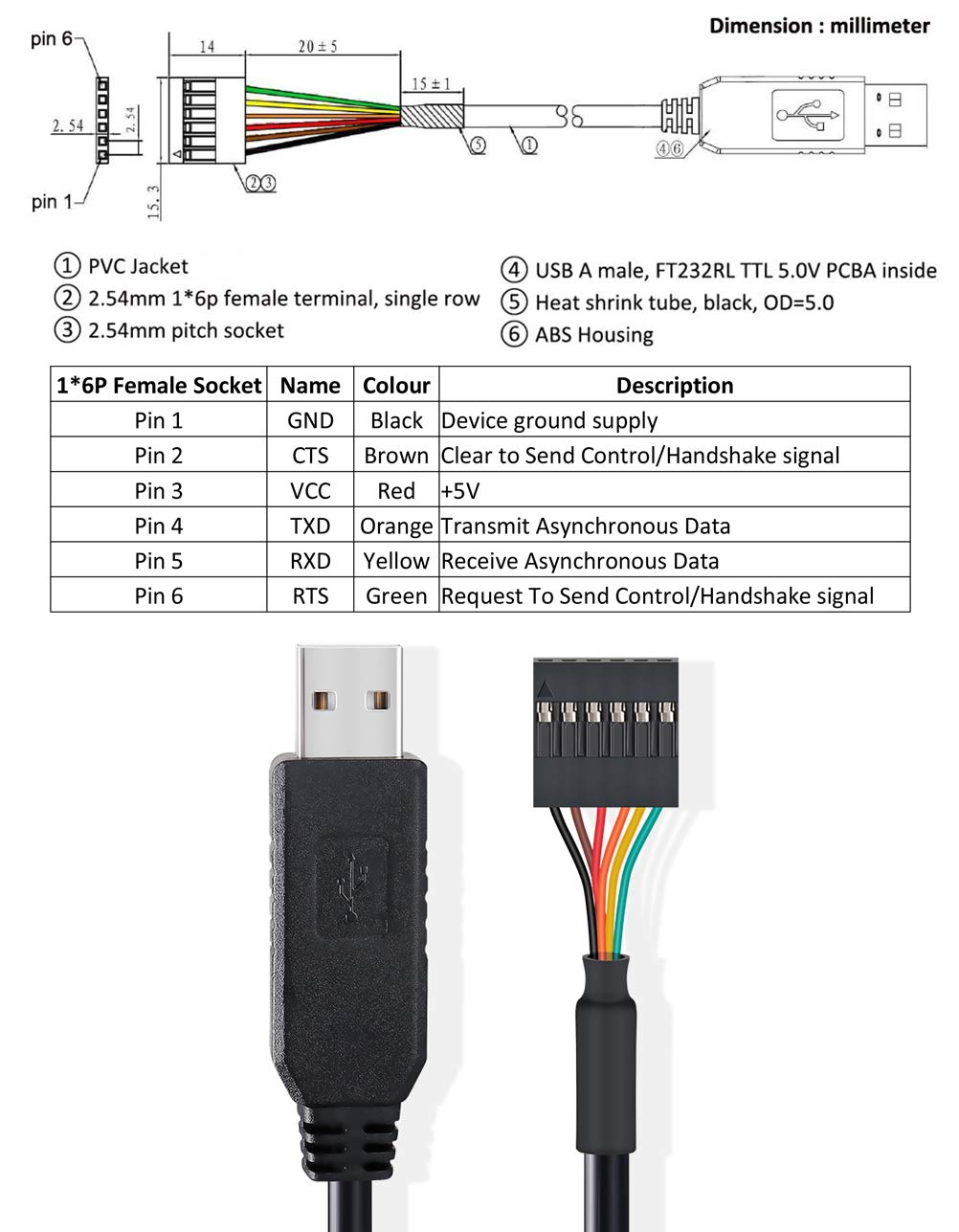 DTech USB to TTL Serial 5V Adapter Cable with FTDI FT232RL Chip 6 Pin 0.1 inch Pitch Female Socket Header UART IC Windows 11 10 8 7 Linux MAC OS (6ft, Black)