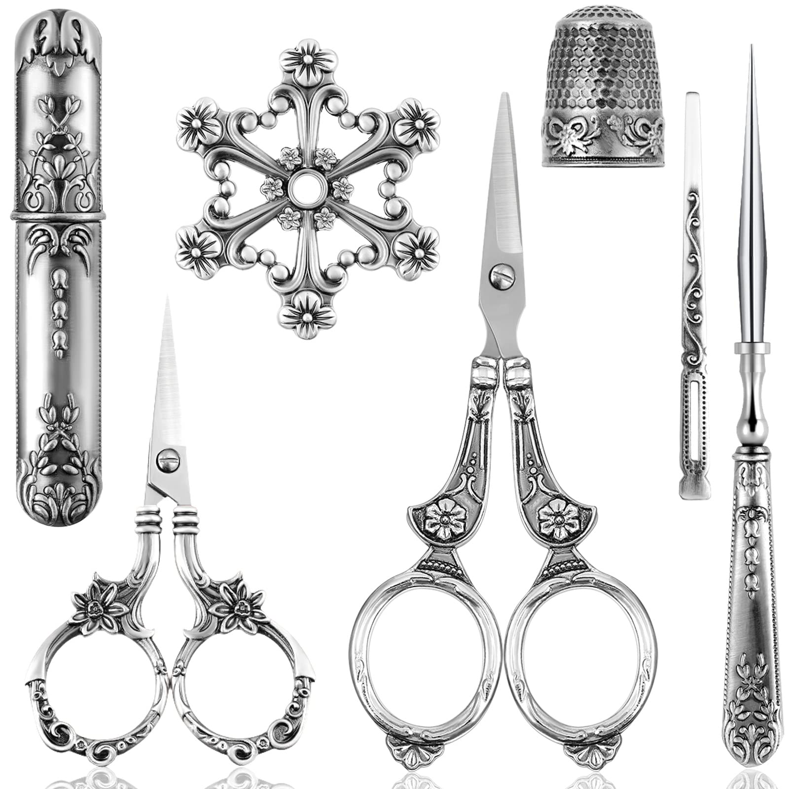 7 Pieces Embroidery Scissor Kit Vintage Scissors for European Style Stainless Steel Sewing Tool Set Antique Sewing Scissor for Crafting Embroidery Sewing Needlework (Silver)