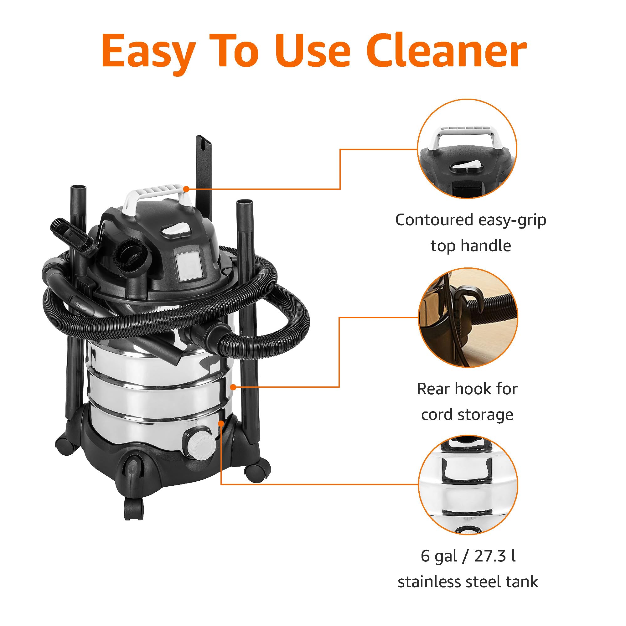 Amazon Basics 6 Gallon, 3.5 HP Stainless Steel Wet/Dry Vacuum, Ss, Grey, Black