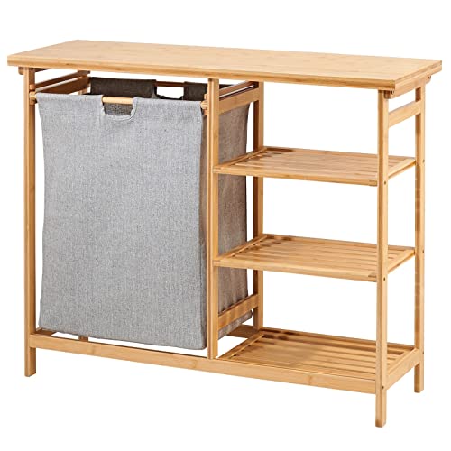 mDesign Bamboo Freestanding Laundry Hamper Basket Table - Storage Shelves for Folding Clothes and Organizing Detergent, Fabric Softener, Bleach, Dryer Sheets - Echo Collection - Natural