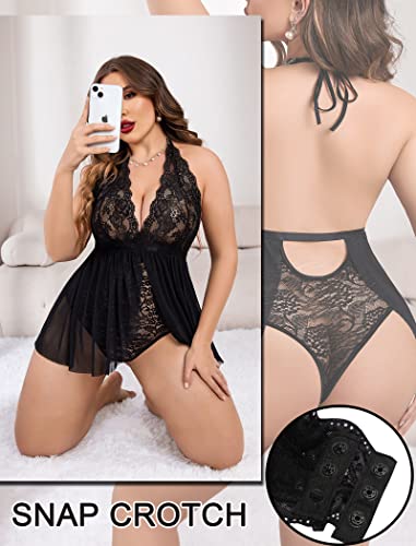 Avidlove Plus Size Babydoll Womens Lingerie Snap Crotch Lace Nighty Halter Plunging Mesh Sleepwear 14-24W (18W, Black)