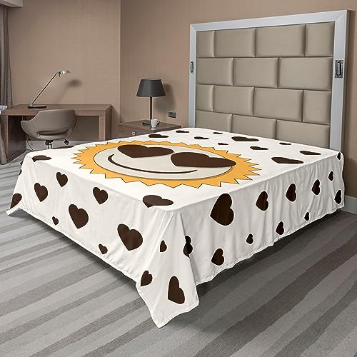 Ambesonne Emoji Flat Sheet, Delicate Love Inspirations Heart Pattern with Sun Shaped Smiling Face, Soft Comfortable Top Sheet Decorative Bedding 1 Piece, California King, Off White Mustard Coconut