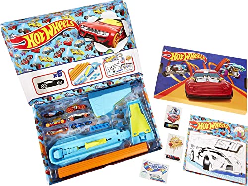 Hot Wheels HW Celebration Box Complete Starter Set with 6 1:64 Scale Cars, Track, Connectors, 4-Speed Launcher, Ramps, Activity Page & Stickers, Gift for Kids 4 Years Old & Up