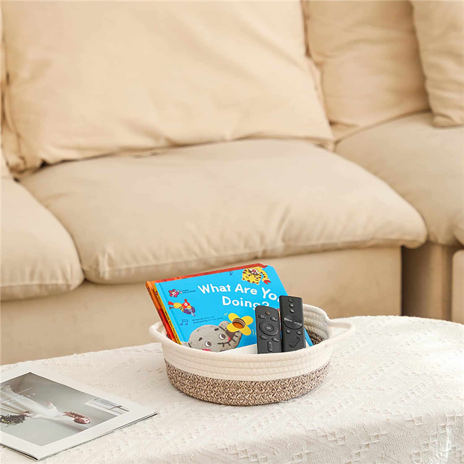 5-Piece Round Storage Basket Set- 100%Natural Cotton Rope Woven Baskets for Organizing Small Basket for Jewelry, Makeup, Dog Toy Baskets, Cat Toy Box, Bathroom Organization Bin (White & Grey)