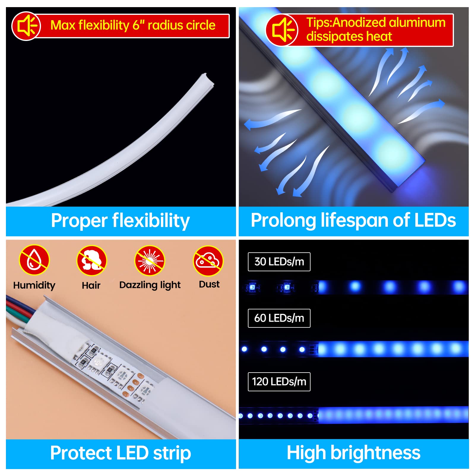 Muzata 6Pack 3.3FT/1M Bendable Silver LED Channel U Shape Aluminum LED Diffuser Channel with Milky White Cover U106 WW 1M