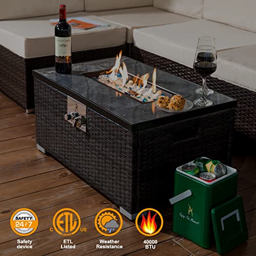 AJ Enjoy 32in Gas Fire Pit Table Set, 50,000 BTU Propane Fire Pit Table Outdoor with Rain Cover, Hideaway Tank Holder Fits 20lb Tank, Gas Fire Pit for Outside w/Ceramic Tabletop and lid, Glass Rocks
