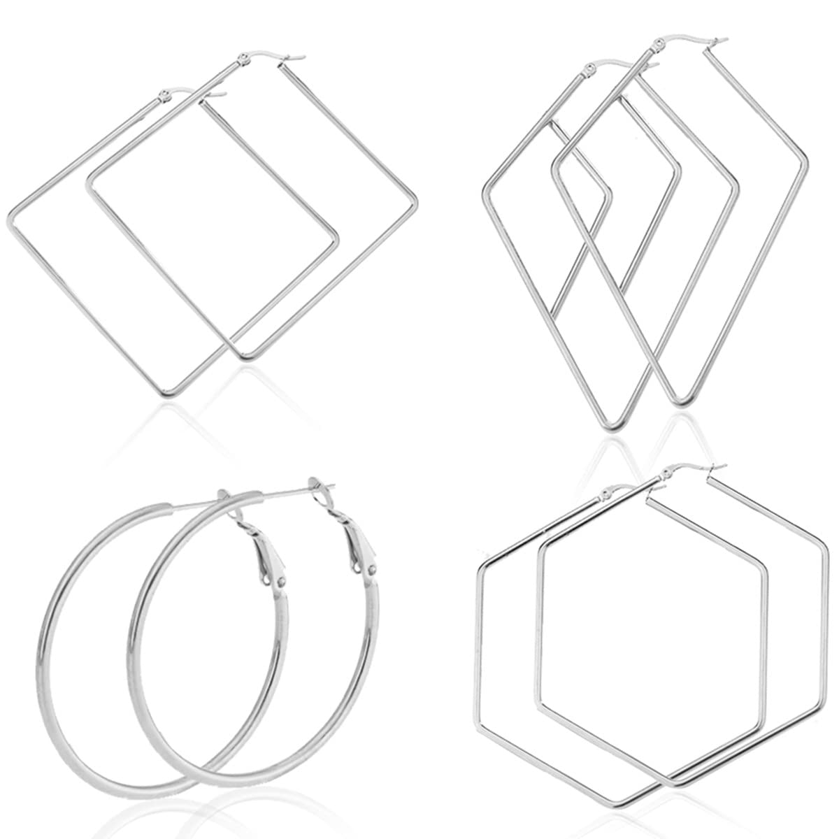 4 Pairs Stainless Steel Geometric Hexagon Round Square Thin Hoop Earrings for Women Jewelry Set-silver