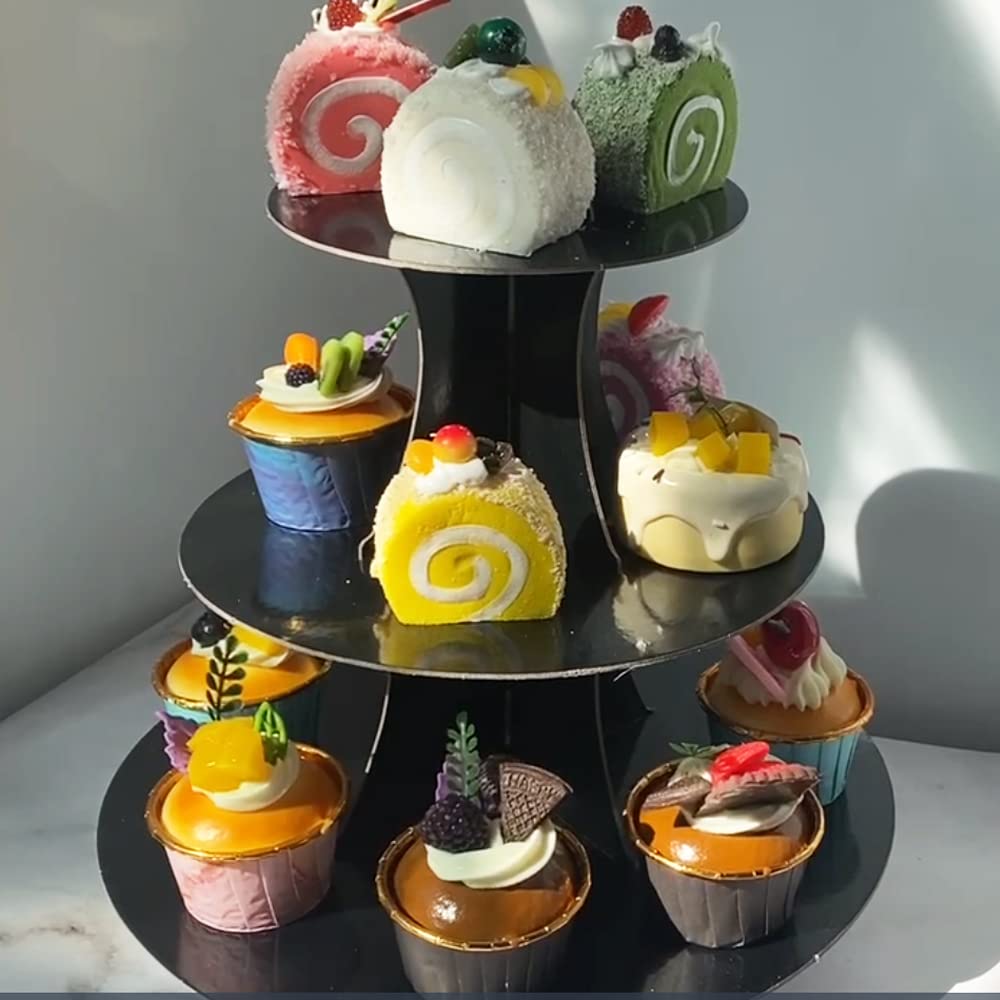 7 Set Black Cupcake Stand 3-Tier Cardboard Cupcake Tower Stand Disposable Cake Stand Holders Rectangle Serving Tray 1-Tier Round Cake Stand Platters for Easter Party Supplies