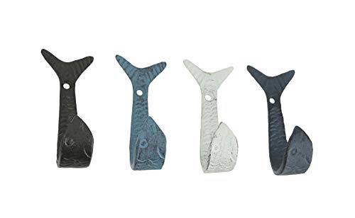 Zeckos Set of 4 Coastal Color Cast Iron Flipping Fish Decorative Wall Hooks Ocean Décor 4 Inches High