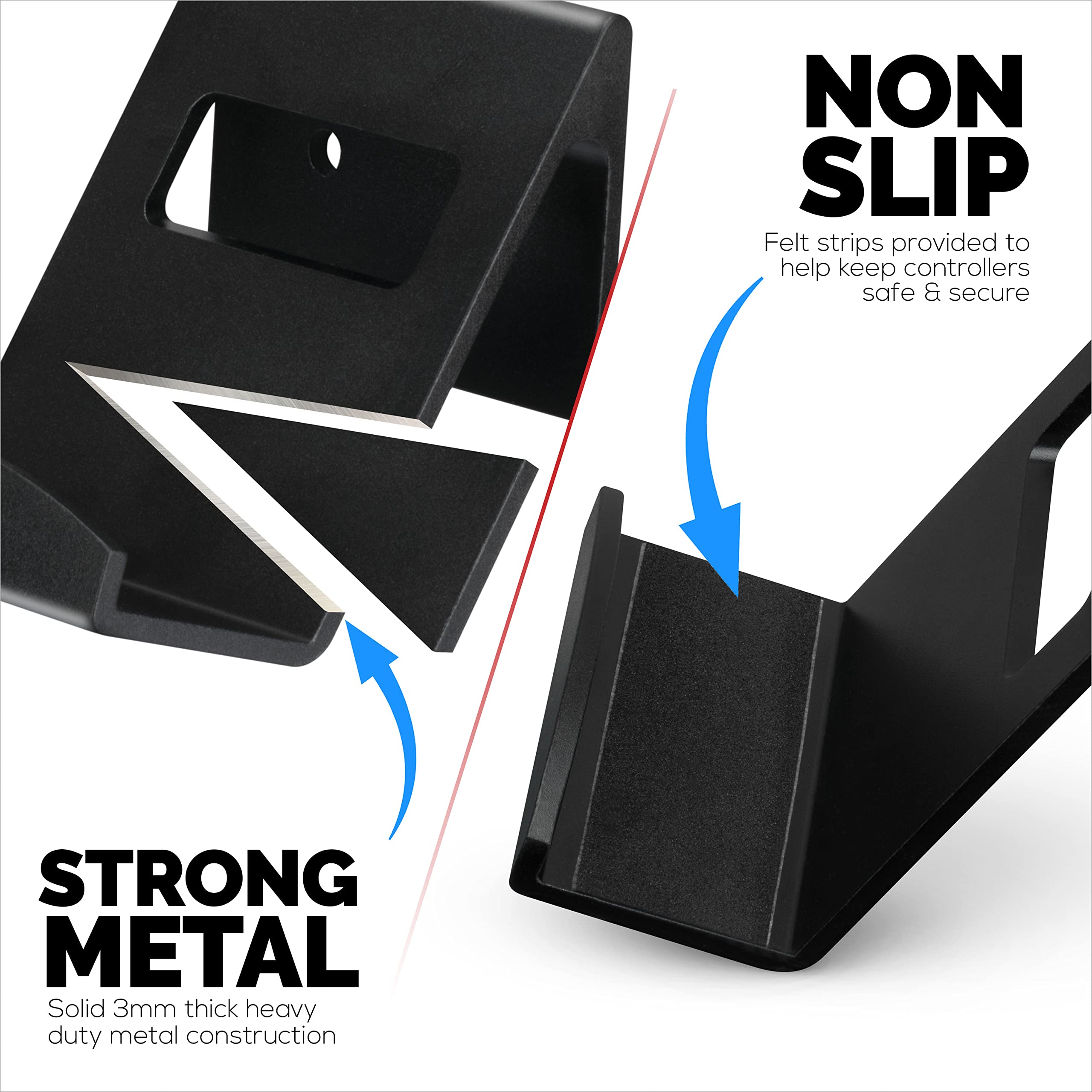 4 Pack Metal Controller Holder Stand Wall Mount for Xbox, PS5, PS4, PC & More Gaming Accessories, Adhesive & Screw Universal Fit by Brainwavz (Black)