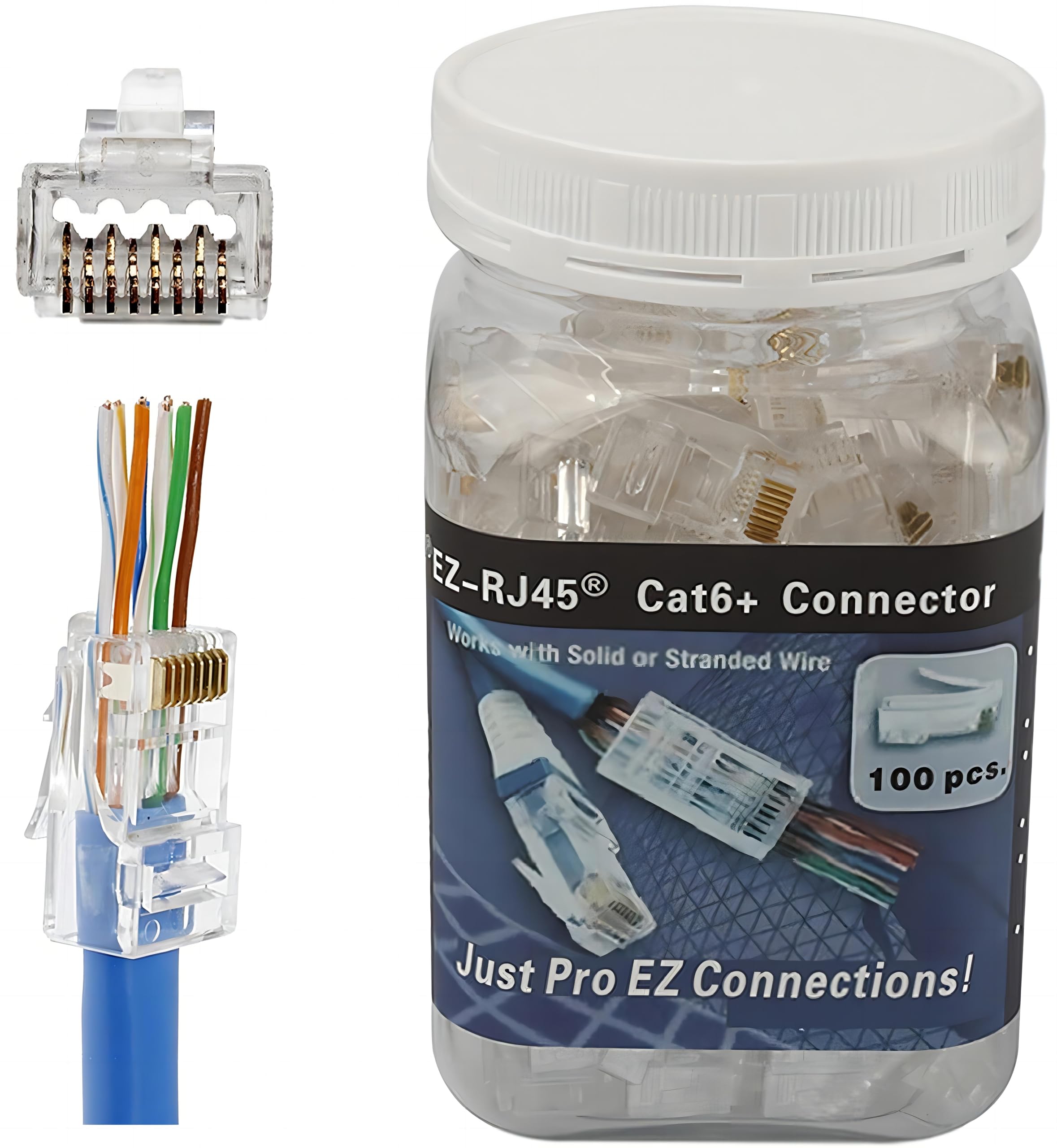 PETECHTOOL 100-Pack RJ45 CAT6A CAT6 Pass Through Connectors 23AWG Cables-End Bold UTP Ethernet 8P8C Gold Plated Modular Plug for Unshielded Twisted Pair Solid Wire Standard Cables