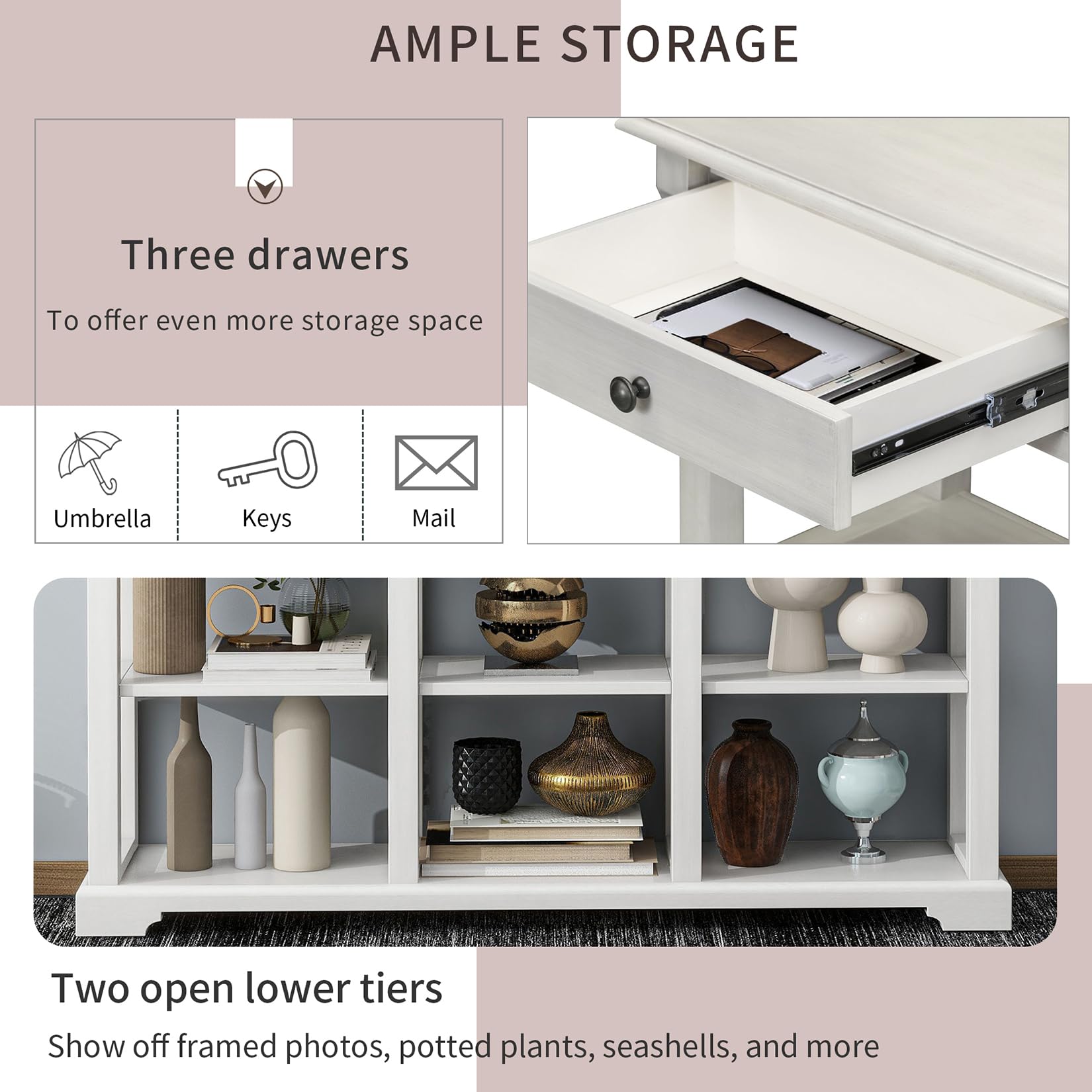 58 inch Console Sofa Table Retro Buffet Sideboard Behind Couch Table Foyer Tables for Entryway Hallway Bathroom Living Room with 3 Drawers and 2 Tiers Shelves, White