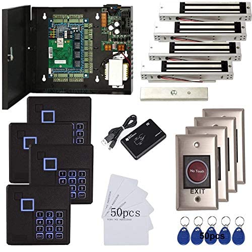 MENGQI-CONTROL 4 Doors Access Control System Infrared No Touch Exit Keypad Scanner 600lbs Electric Magnetic Lock 110V Metal Power Box RFID Reader RFID Card Key Fob(Phone APP remotely Open Door)