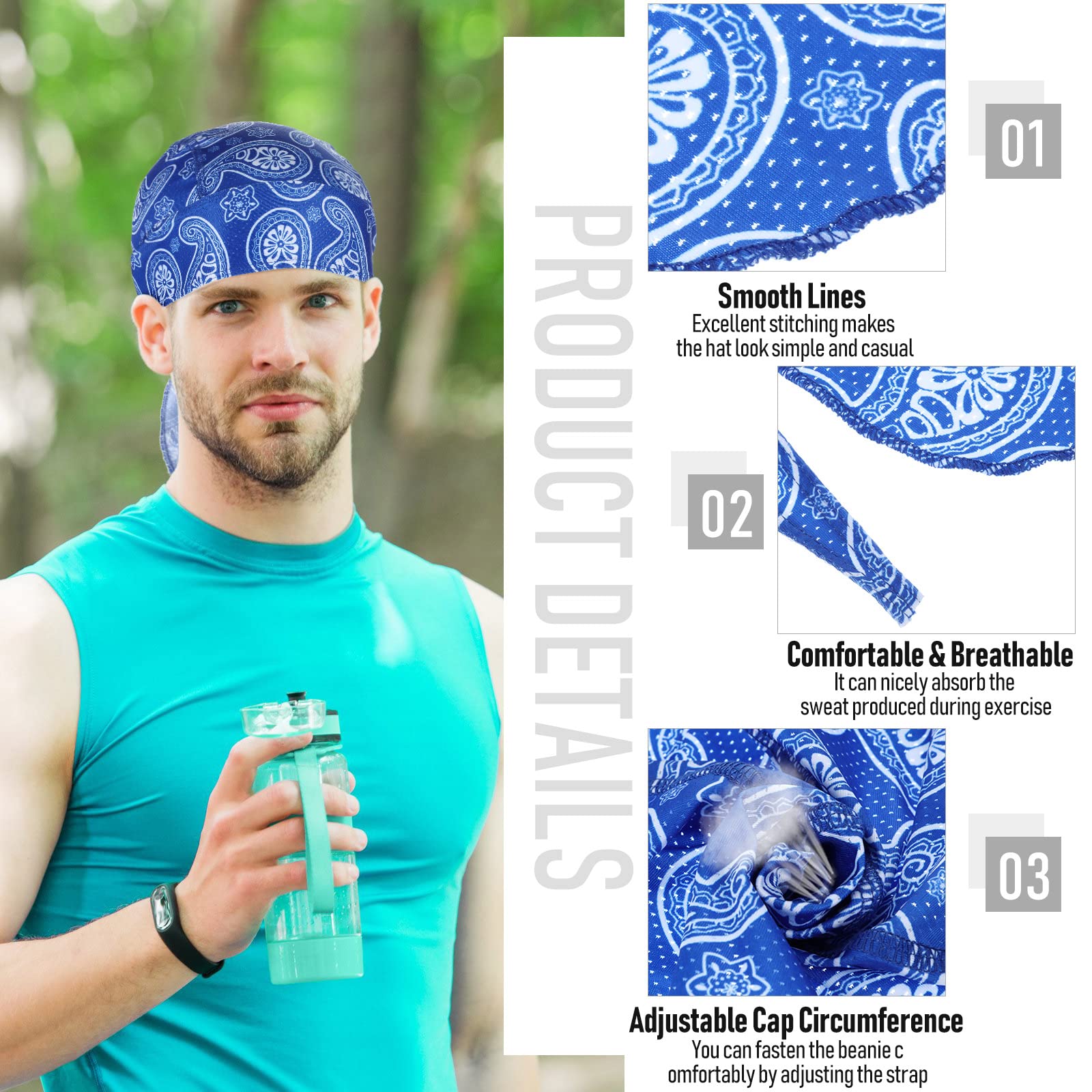6 Pieces Do Rags Sweat Wicking Beanie Cooling Durags Skull Cap Motorcycle Head Wrap Bandana for Men Women (Paisley)