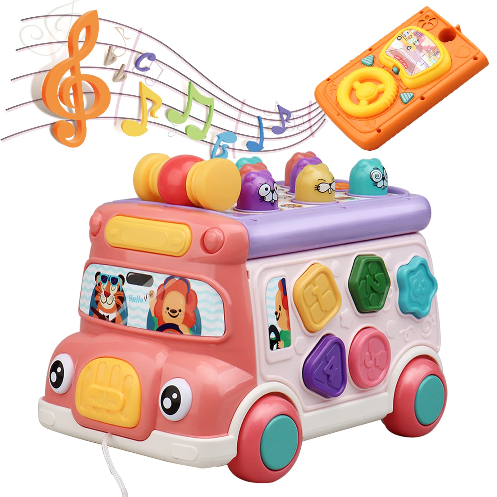 Syahro Baby Crawling Toys with Music and Light Infant Musical Bus Toys with Clock Toy, Shape Matching, Gear, Whack A Mole Game Tummy Time Toys Gifts for Toddler (Pink)