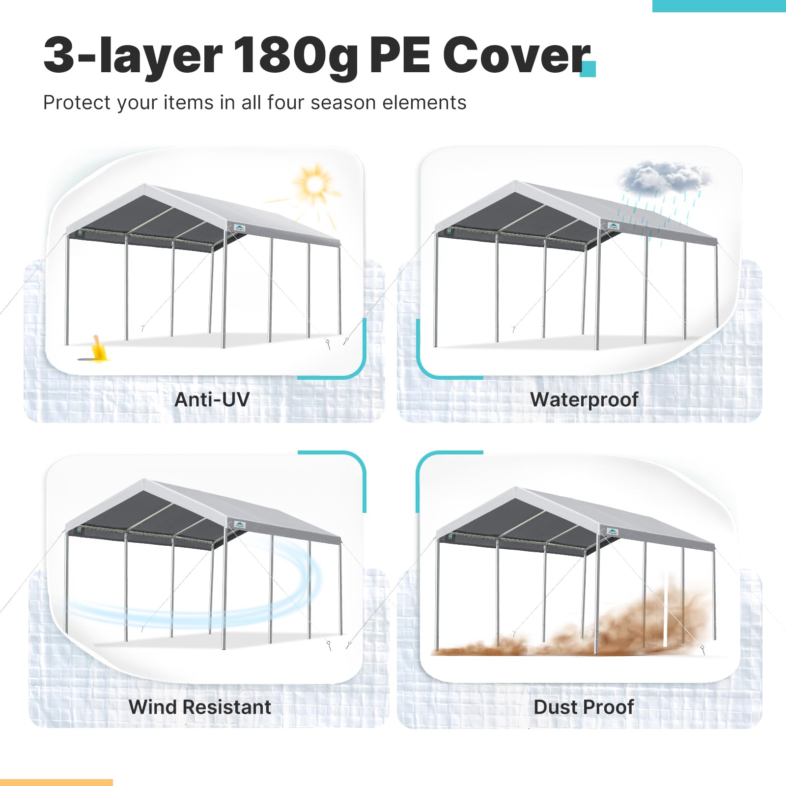 ADVANCE OUTDOOR 10x20 ft Adjustable Height Carport Heavy Duty Car Canopy Garage Shelter Boat Wedding Party Tent, No Sidewall, Grey
