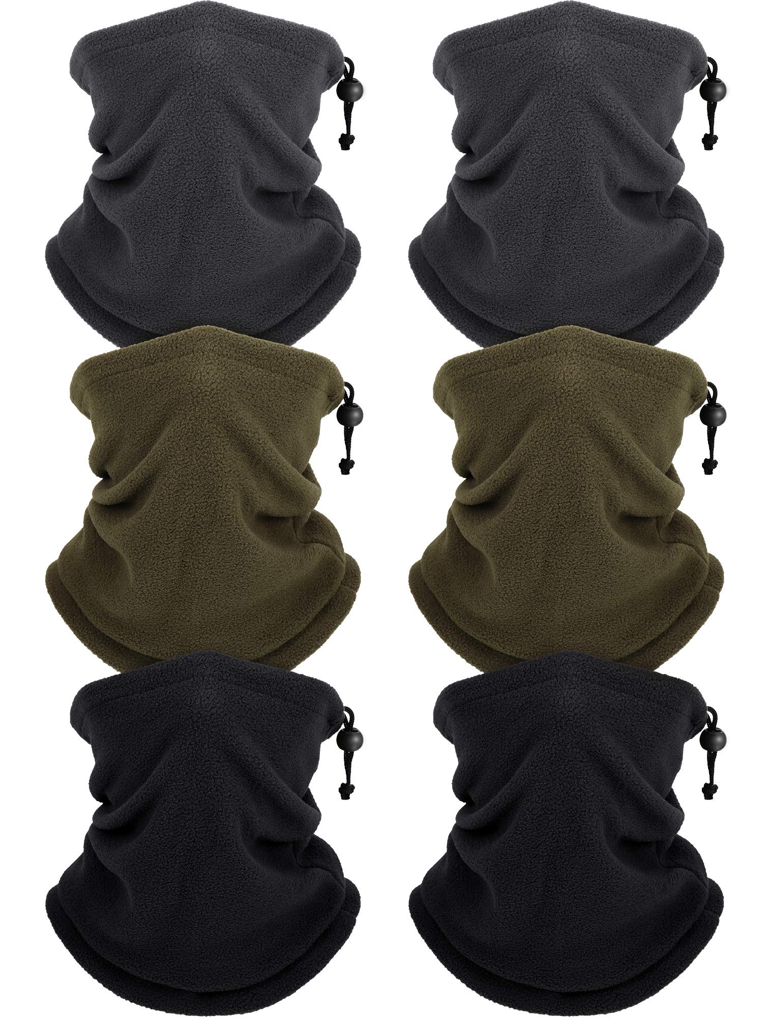 6 Pieces Drawstring Warm Winter Fleece Neck Gaiter Double Layer Neck Warmer Windproof Face Scarf for Men Women (Black, Dark Gray, Army Green)