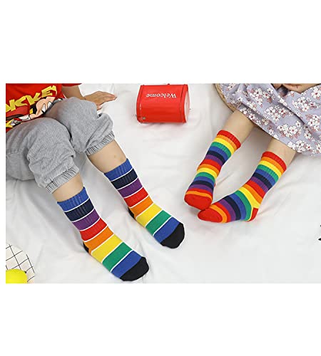 5 Pack Kids Toddler Big Little Girls Cotton Crew Socks Rainbow Stripes Cute Fun Socks