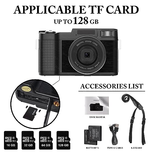 4K Digital Camera for Photography, Autofocus 48MP Vlogging Camera for YouTube with 16X Digital Zoom Macro Camera, 3’’180°Flip Screen Compact Video Camera with Liftable Flash, SD Card&2 Batteries