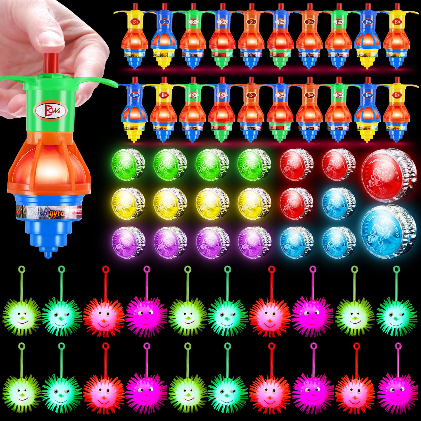 60 Pcs LED Light up Entertaining Responsive Ball Spinning Tops Bouncy Ball Kit 20 Pcs Light Up Yo-Yos 20 Pcs Plastic Gyroscope 20 Pcs Puffer Balls for Beginner Birthday Party (3.9 Inch,Stylish)