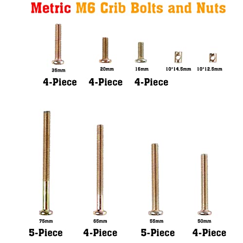 Crib Screws Bolts Replacement Hardware Parts Kit M6x75 65 55 50 35 20 16mm Crib Bolt Barrel Nut Compatible with Graco Benton Cribs Dream On Me Chelsea Carson Classic Synergy Cribs DaVinci Kalani Cribs
