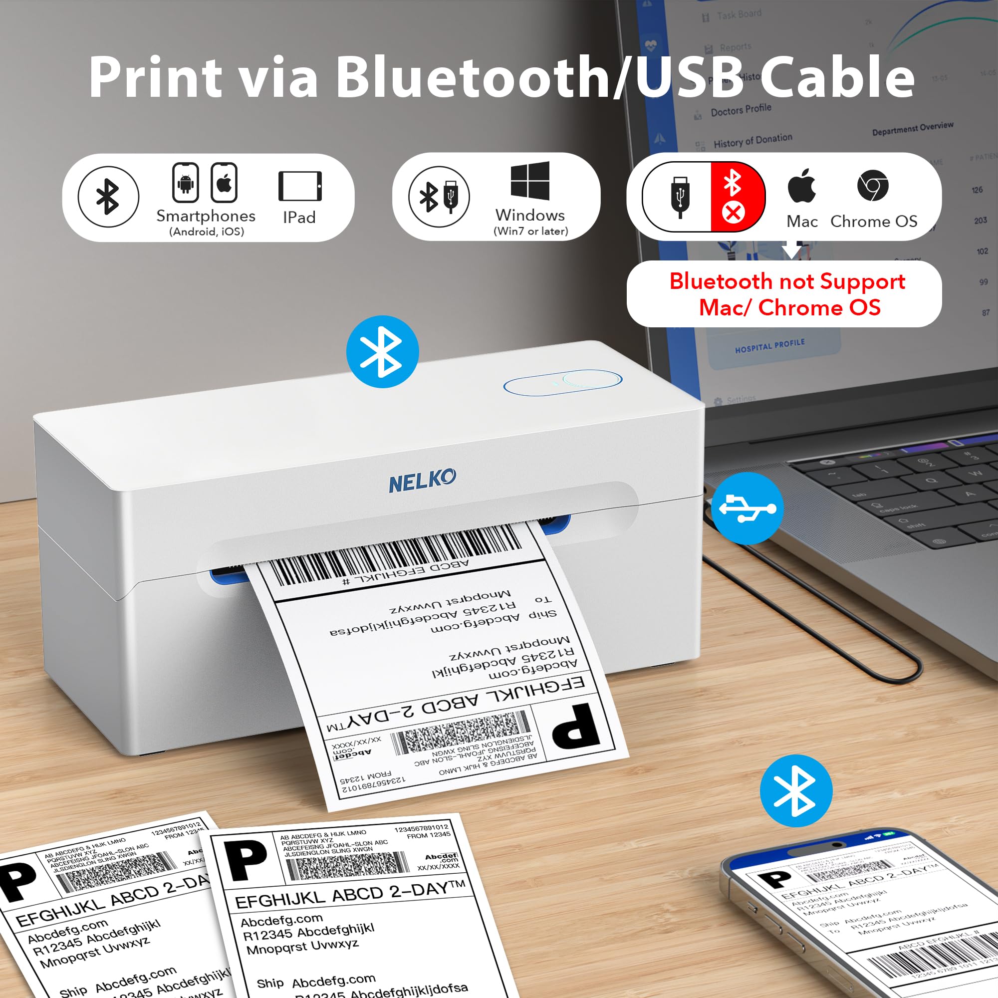 Nelko Bluetooth Thermal Shipping Label Printer, White