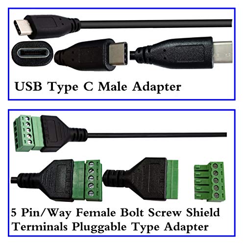 zdyCGTime Type C USB Screw Terminal Block Connector Cable 2.0 Type C USB Male Plug to 5 Pin Way Female Bolt Screw with Shield terminals Pluggable Type Adapter Connector Converter Cable(30CM2Pack Male