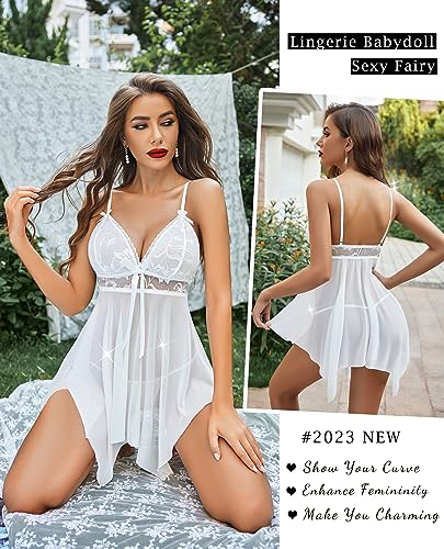Avidlove Women Lingerie Lace Babydoll V Neck Sleepwear Strap Chemise (White,S)