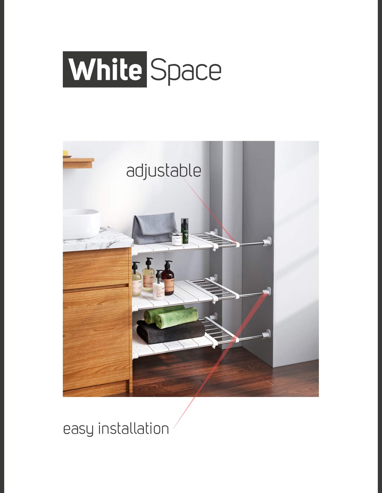 Whitespace Expandable Closet Tension Shelf - Stainless Steel 9.45 in. x 24 in. x 40 in. Adjustable Shelf, Kitchen Cabinet Storage Maximizer, Additional RV Storage, Heavy Duty Tension Rods (10x24)