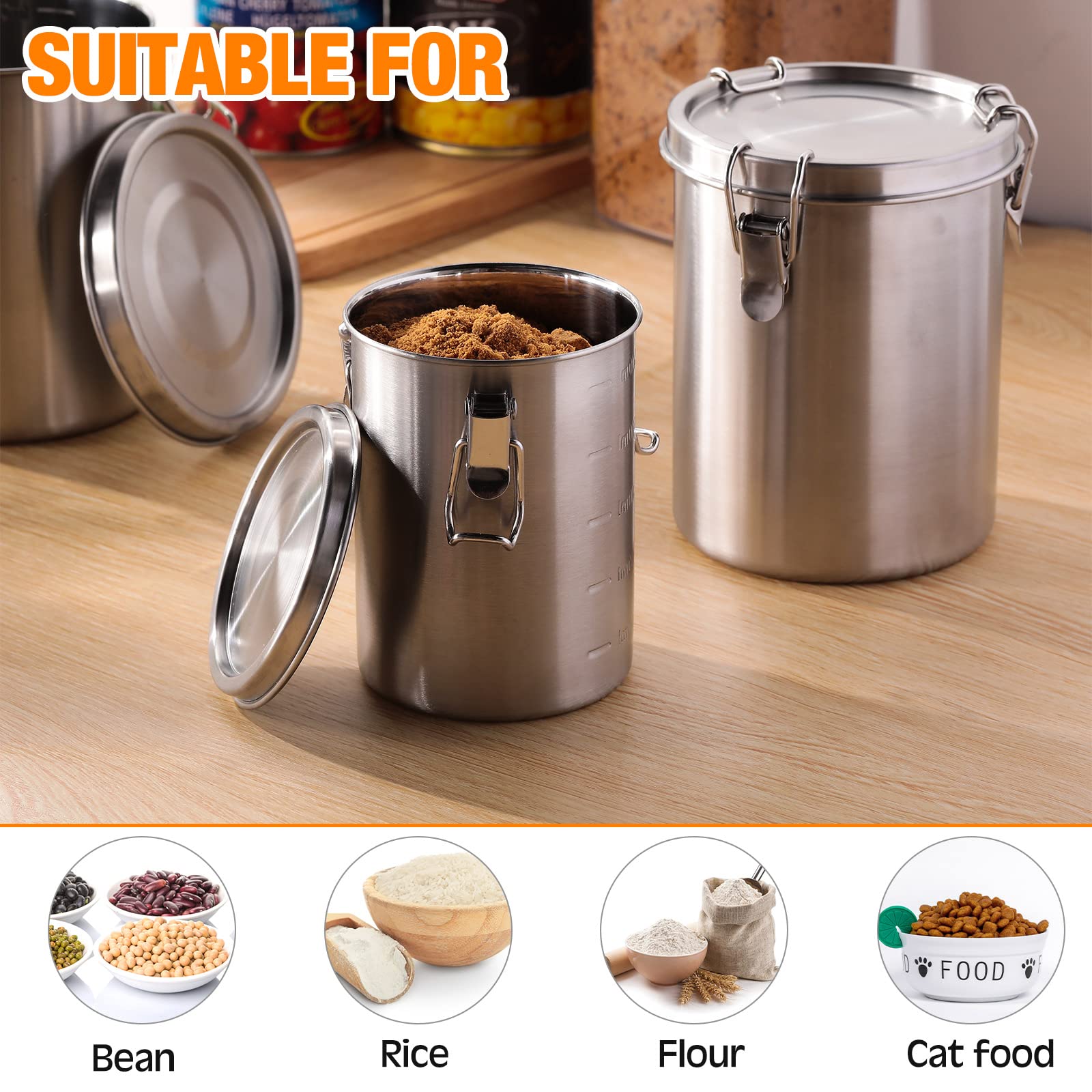 6 Pcs Stainless Steel Canisters Sets for Kitchen Counter Airtight Food Storage Containers with Lids Metal Coffee Tea Sugar Flour Canisters Bulk 17.6 oz, 33.8 oz