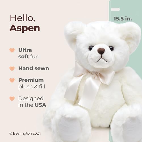 Bearington Aspen, 15.5 Inch White Teddy Bear Stuffed Animal, Vintage Teddy Bear, Makes a Great Gift for Birthday, Anniversary, Holiday, or Graduation