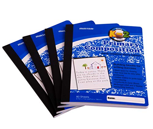Mintra Office Composition Notebooks, Primary Ruled, (4 Pack, Blue Cover), 80 Sheets. Creative, Hardcover Book, Grade K-2, 7.5in x 9.75in, For School, Home, Business, Office