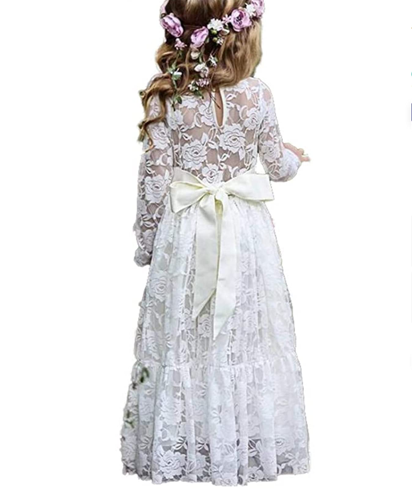 Toddler Flower Girl Fancy Ivory White Lace Boho Long Sleeve Full Length Slim Maxi Princess Dresses 4T