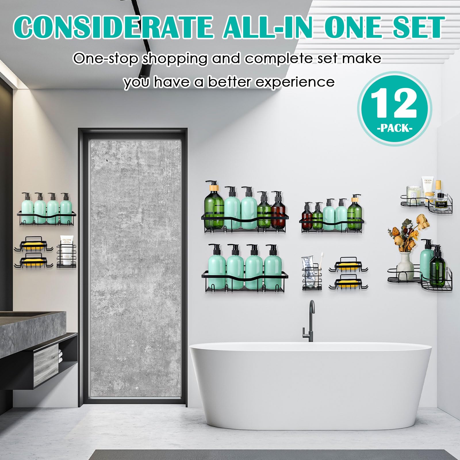 FoldTier 12 Pack Shower Caddy 12.5 Inch Large Capacity Shower Organizer, Sturdy Adhesive Shower Shelf for Inside Shower, Rustproof Stainless Steel Shower Shelves with 14 Hooks, Black