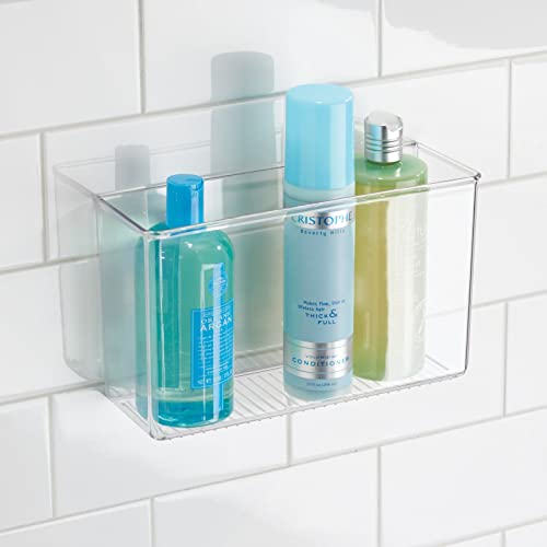 mDesign Plastic Storage Organizer Bin, Adhesive Mount for Cabinets & Walls in Bathroom, Vanity, Under Sink, Holds Body Wash, Shampoo, Lotion, Brushes, Hair Spray, Ligne Collection, 2 Pack, Clear