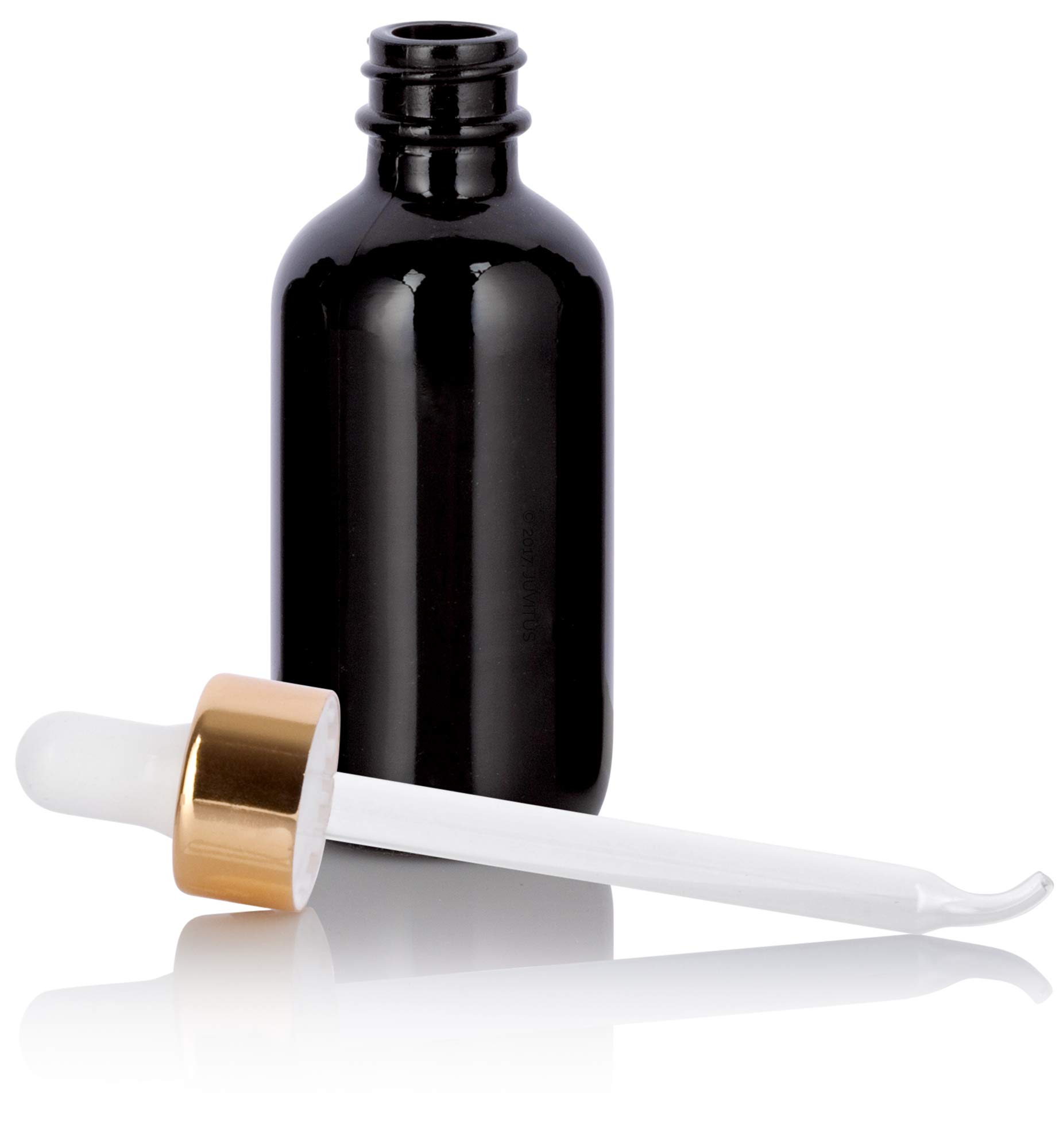 JUVITUS 2 oz Black Glass Luxury Boston Round Bottle with Gold Dropper (12 Pack) + Funnel