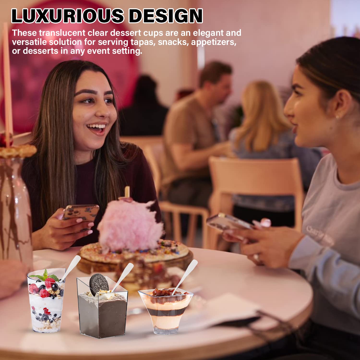 60 pack dessert cups of 3 oz, 2.5 oz and 2 oz. 3 varieties in size and shape also 20 of each shape perfect for appetizer, dessert and serving parties, plus FREE 60 spoons