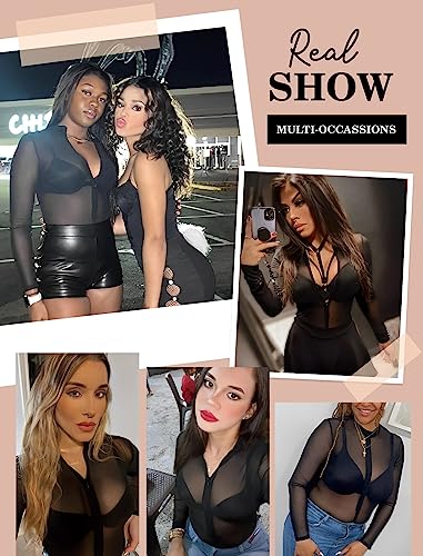 Avidlove Women Long Sleeves Bodysuit Top Sexy Mesh Sheer See Through Zipper Leotard with Snap Crotch Black XXL