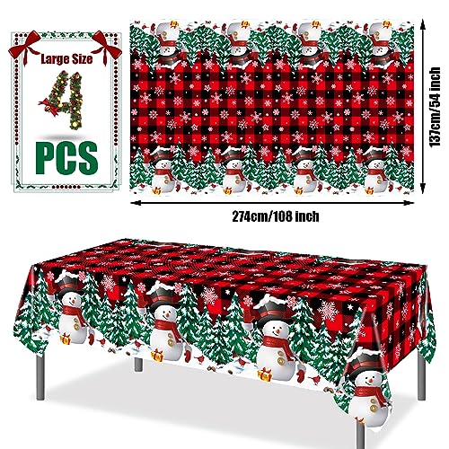4 PCS Christmas Plastic Tablecloths Snowman Disposable Table Covers Black Red Buffalo Plaid Snowflake Tablecloth Christmas Rectangle Table Cover for Xmas Party Decor Winter Holiday, 54" x 108"