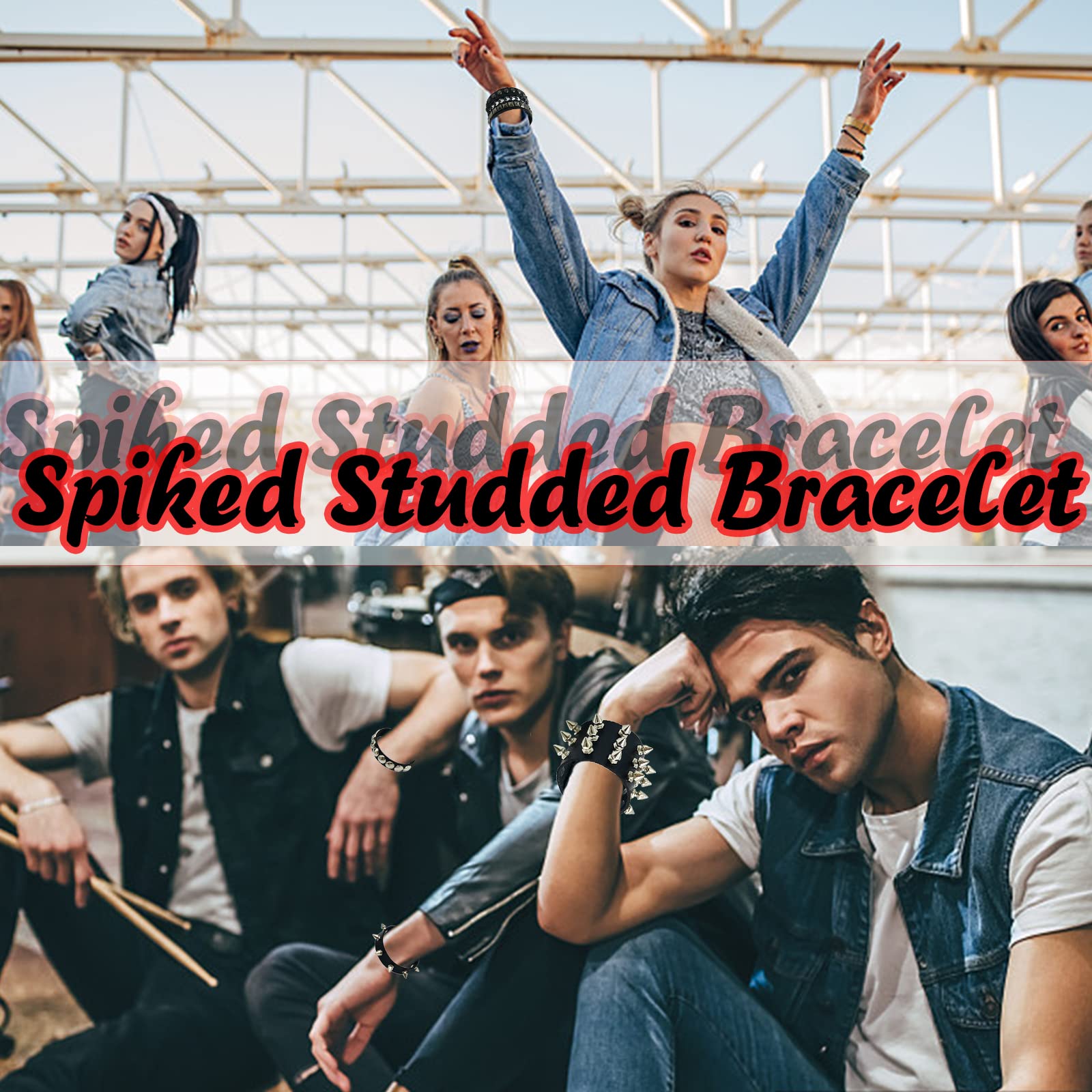 6 Pieces Punk Studded Bracelet Goth Bracelet Leather Rivets Spike Bracelet Cuff Adjustable Metal Wristband Gothic Accessories for Men Women Halloween