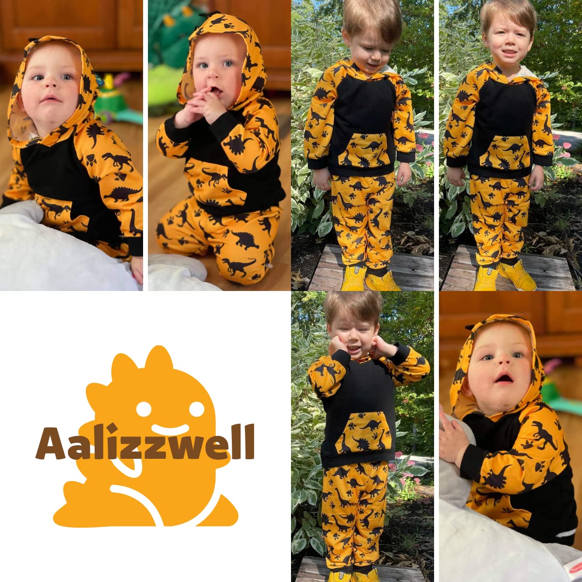 Aalizzwell 4T- 5T Toddler Boys Dinosaur Sweatsuits Hoodie Outfit Long Sleeve Fall Winter Spring Clothes Yellow Dino