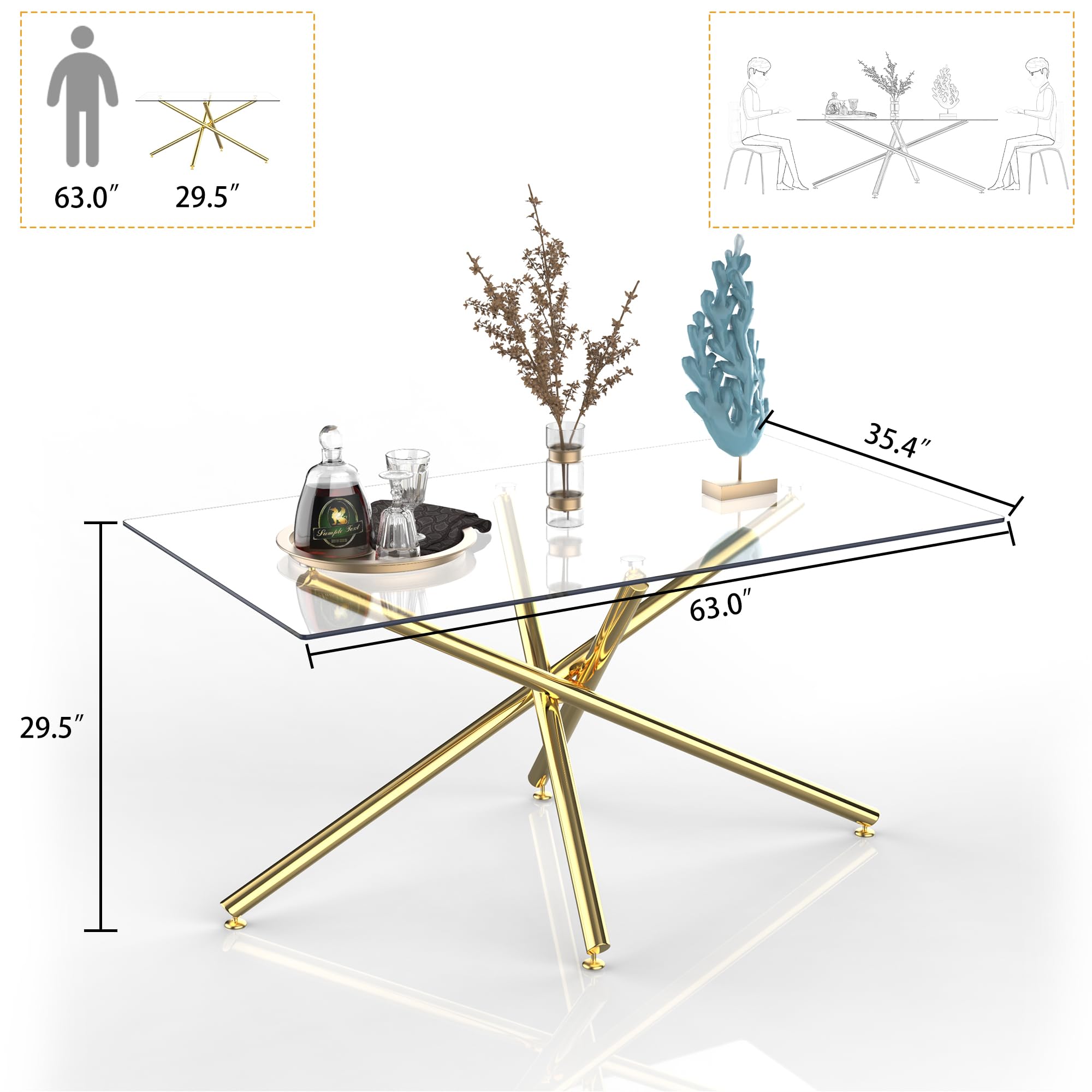 63 inch Glass Dining Table for 6, Modern Kitchen Table with Rectangular Tempered Glass Top and 4 Chrome Legs, Large Dining Table for Office Kitchen Living Meeting Room, Golden