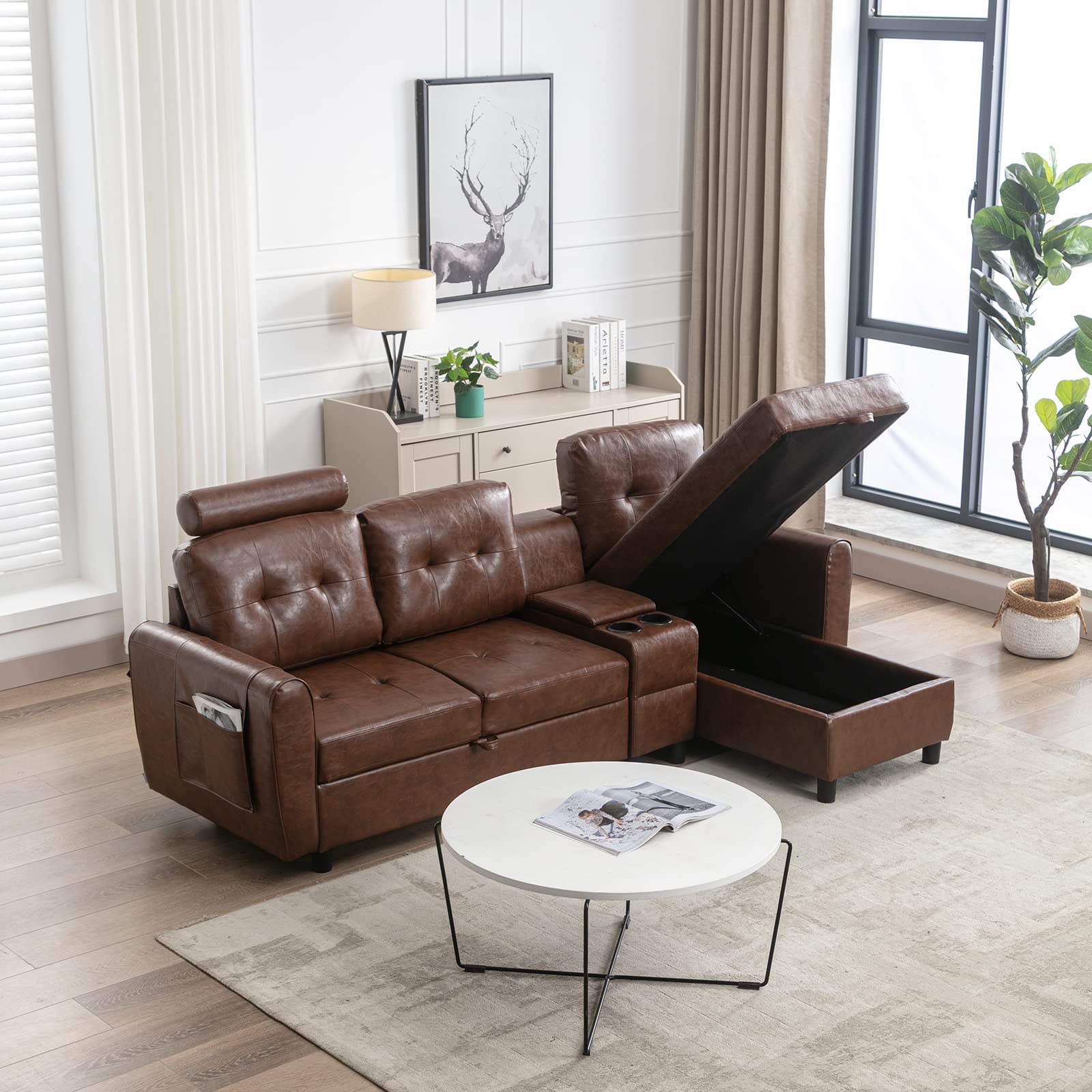 KINFFICT Modern PU Leather Sectional Sofa with Chaise, Comfy 3 Seat Sectional Couch with Storage, Cup Holders, and Comfy Headrest, L Shaped Couch Furniture Set for Living Room, Brown