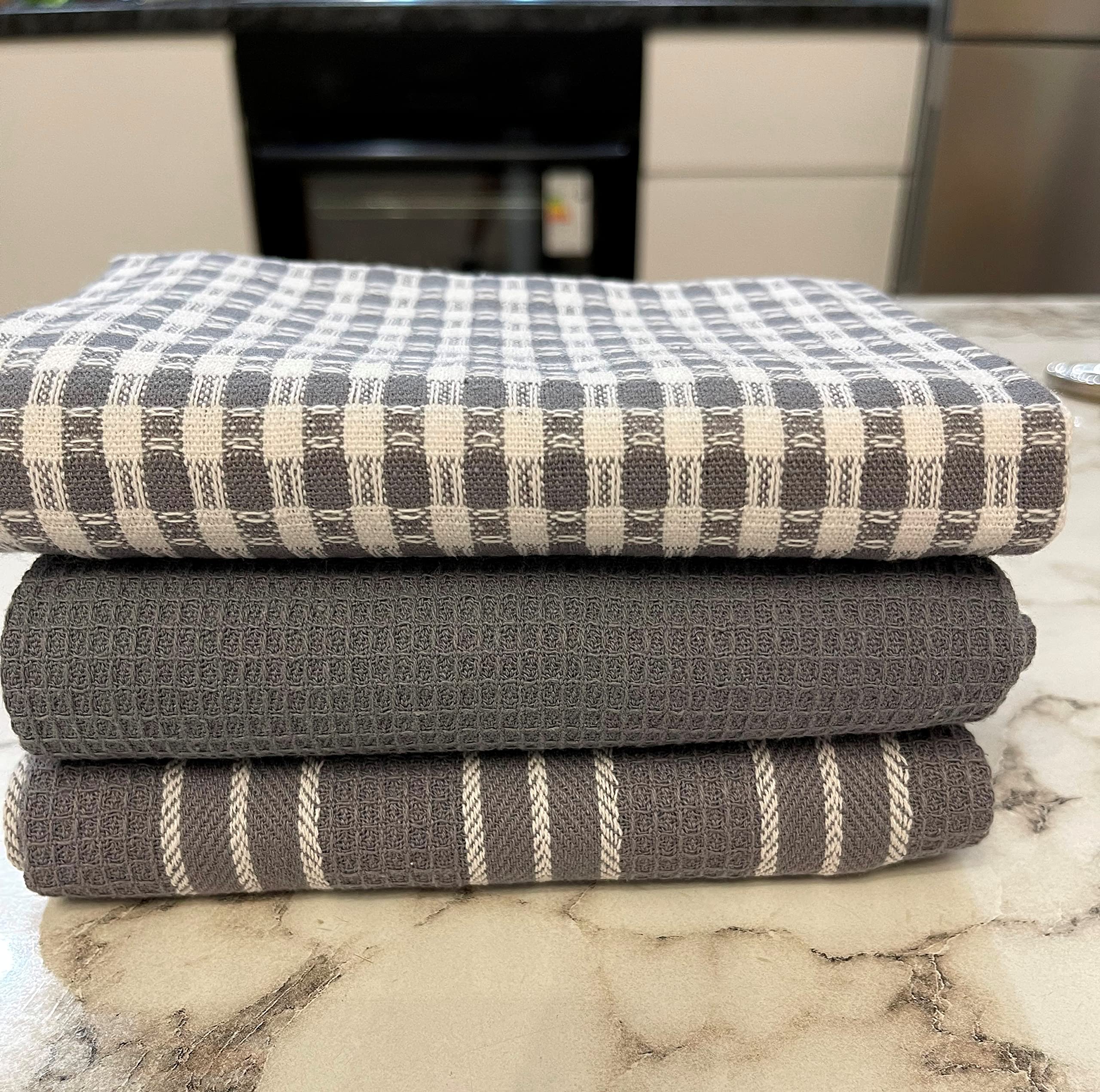 Akma's textile 100% Natural Cotton Kitchen Towels (17”x 28”, 3 Pack), Set of 3 Waffle Weave Tea Towels, Highly Absorbent Cloth Dish Napkins, Quick Drying Dish Towels, Classic Cloth Napkins, Dark Gray