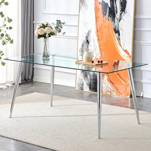 63 Inch Rectangle Dining Table,Modern Kitchen Table with Tempered Glass Tabletop and Metal Legs,Dining Room Table Dinner Table for Dining Room, Kitchen