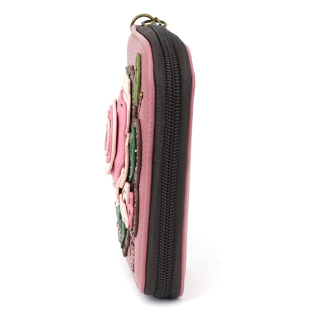 Chala Group Handbags Pink Rose Zip-Around Wallet - Wristlet, Brown, 5 inch x 6 inch x 1 inch