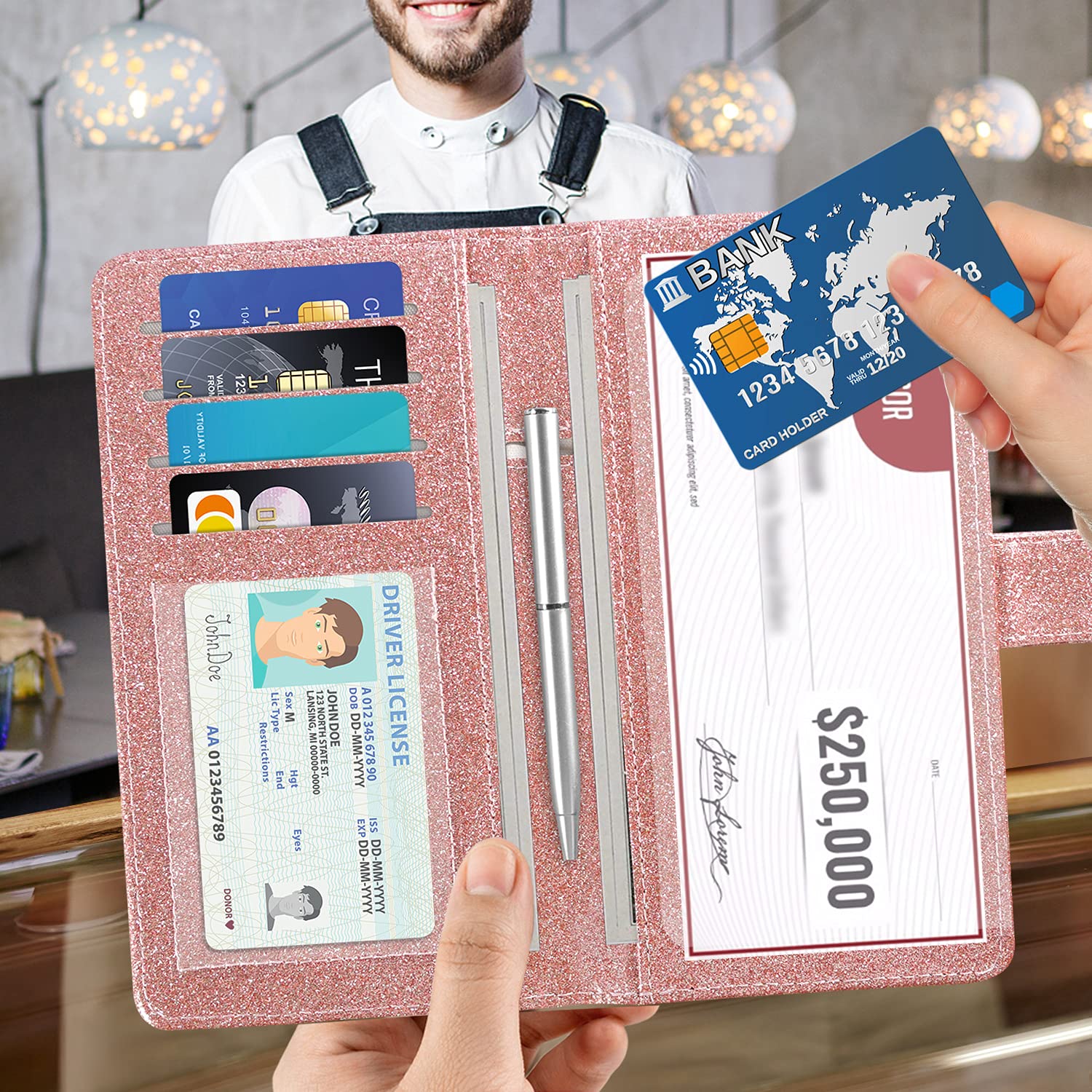 ACdream Checkbook Cover, Leather RFID Blocking Check Book Wallet, Protective Premium Business and Personal Duplicate Checks Holder, with Credit Card Slots for Women Men, Glitter Rose